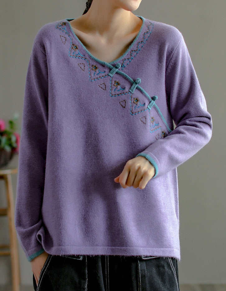 Chinese Style Neck Embroidery Knit Sweater Shirt — Obiono