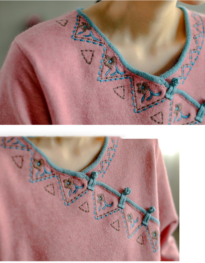 Chinese Style Neck Embroidery Knit Sweater Shirt — Obiono