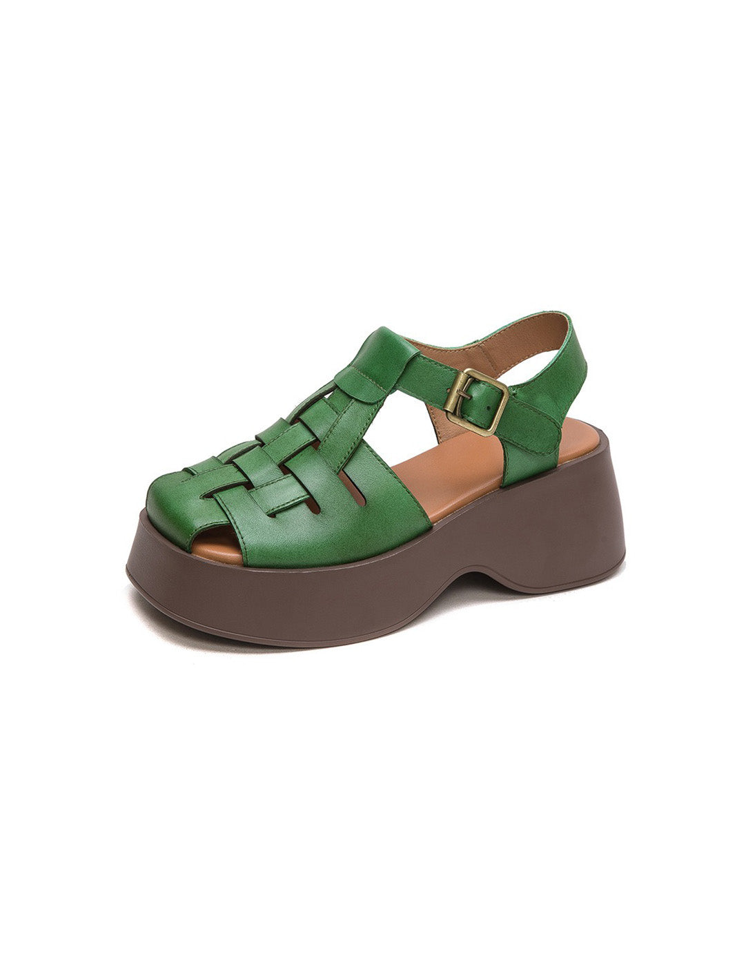Close Toe Leather Woven T-Strap Platform Sandals — Obiono