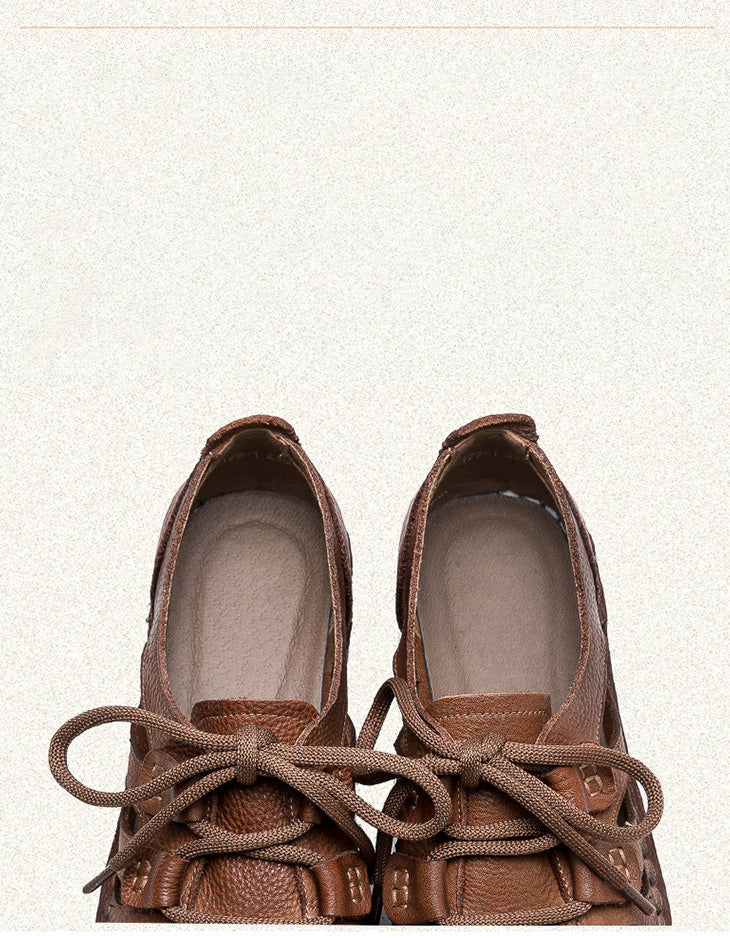 Comfortable Soft Leather Soles Cut-out Retro Flat Shoes — Obiono