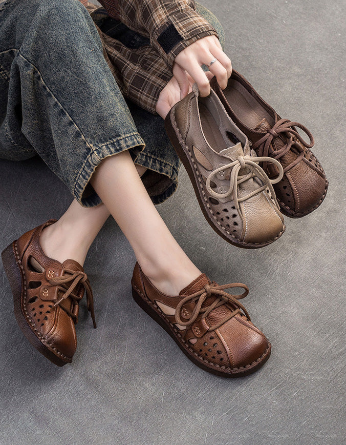 Comfortable Soft Leather Soles Cut-out Retro Flat Shoes — Obiono