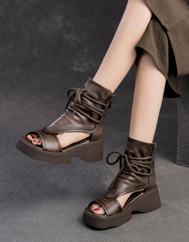 Cut-out Ankle Lace-up Open Toe Wedge Sandals — Obiono