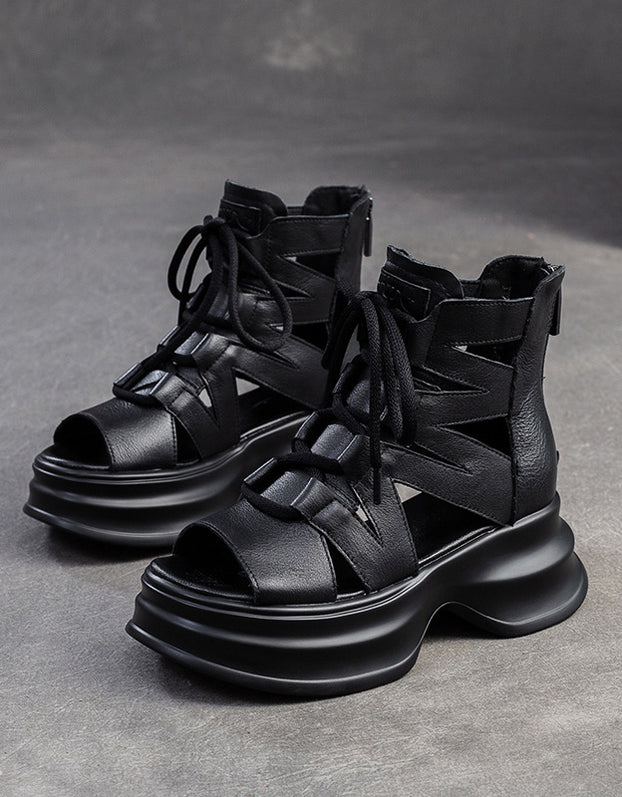 Cut-out Lace-up Open Toe Platform Sandals — Obiono