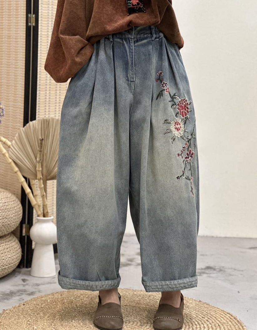 Flower Embroidery Loose Denim Pants for Women — Obiono