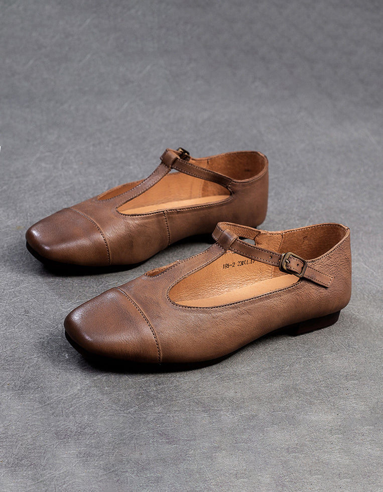 Handmade Pointed Toe T-strap Retro Flat Shoes — Obiono