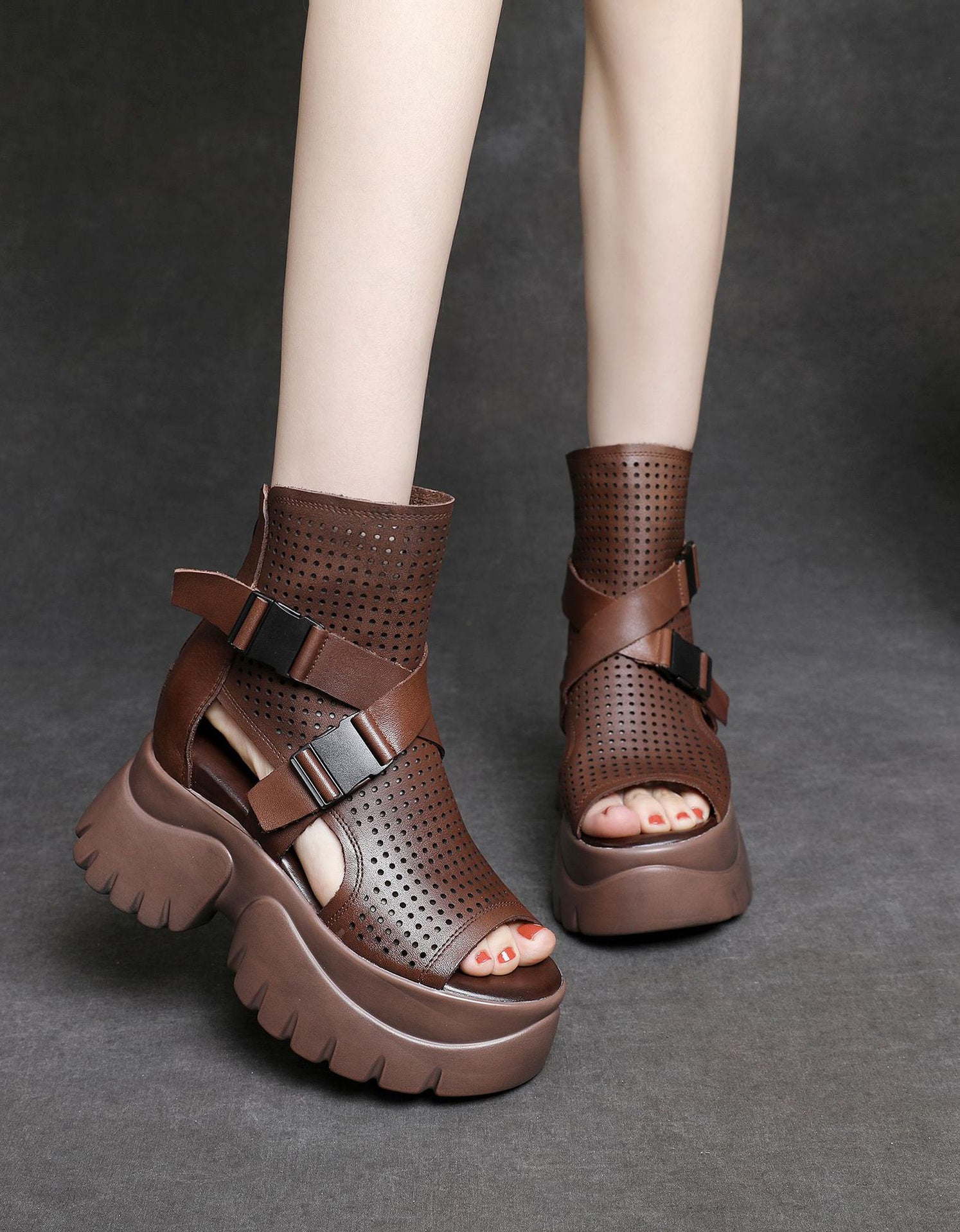 Hollow Leather Strap Open Toe Platform Sandals — Obiono