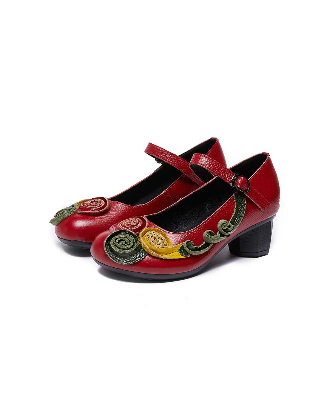 Leather Flowers Front Oriental Chunky Heels — Obiono