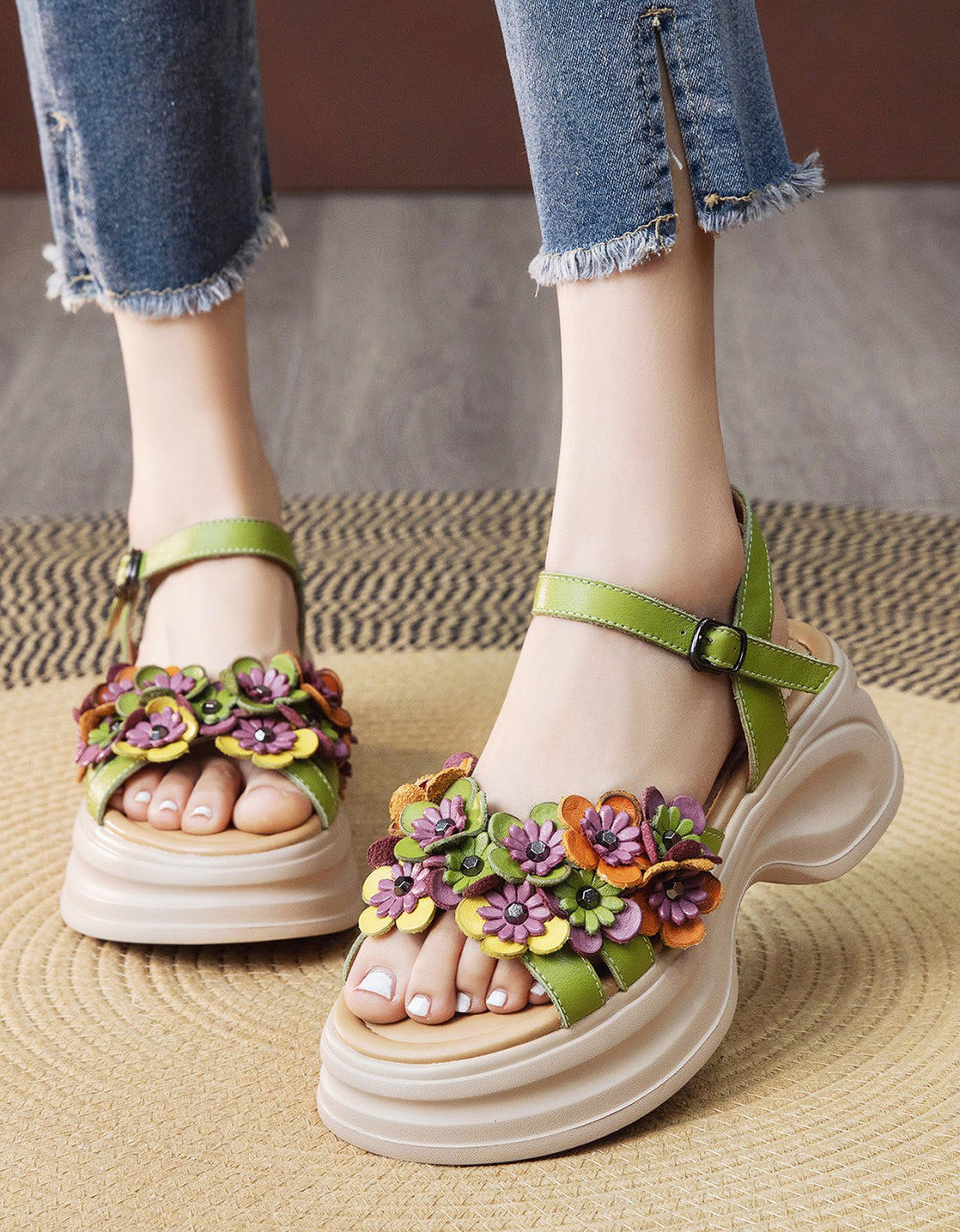 3D Leather Flowers Summer Platform Sandals Slingback — Obiono