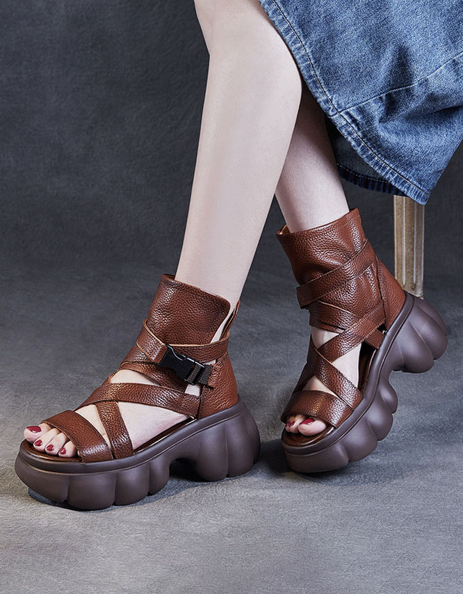 Open Toe Comfortable Leather Straps Platform Sandals — Obiono