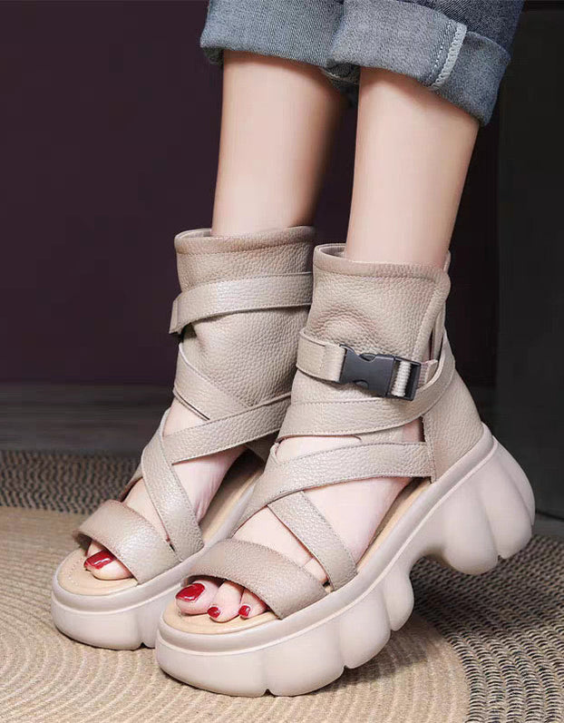 Open Toe Comfortable Leather Straps Platform Sandals — Obiono