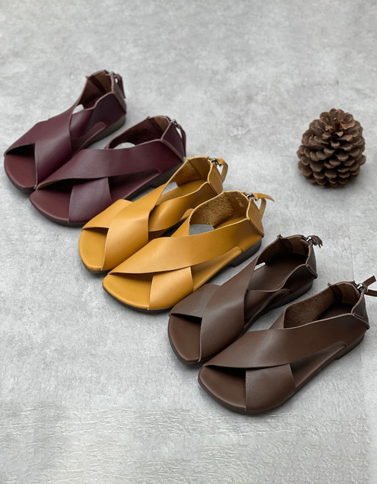 Cross Strap Open Toe Leather Retro Flat Sandals — Obiono