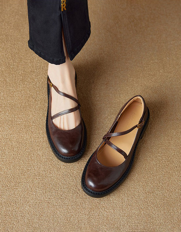 Real Leather Cross Buckle Mary Jane Shoes — Obiono