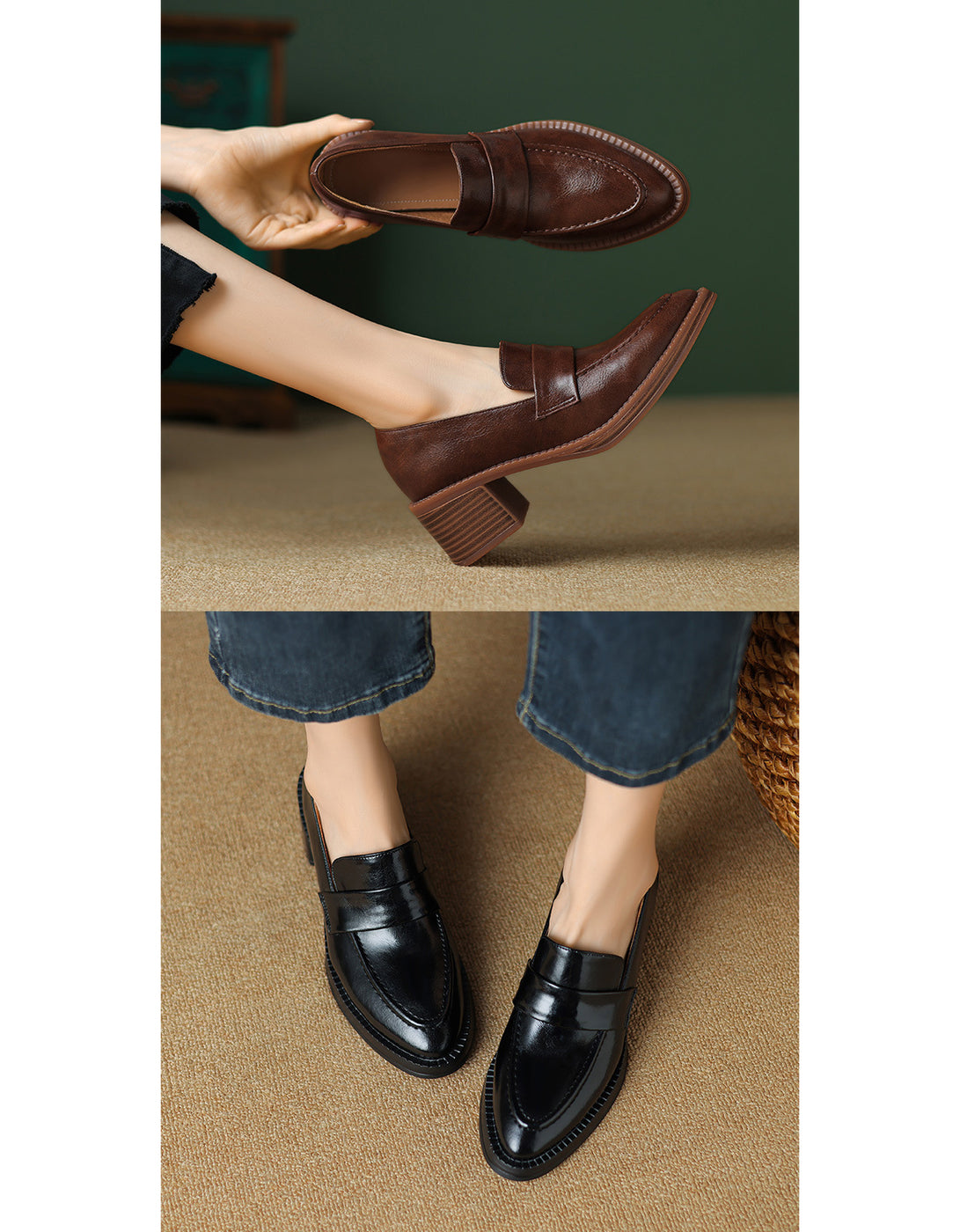 Real Leather Pointed Toe Chic Heels Loafers — Obiono