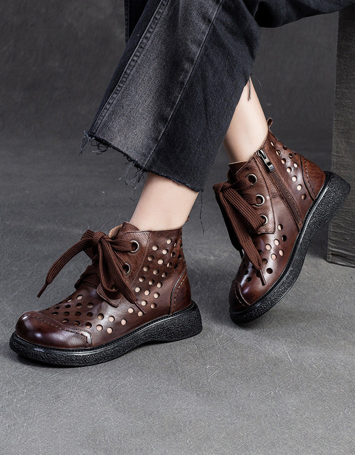 Retro Leather Hollow Wide Toe Box Ankle Boots — Obiono