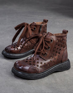 Retro Leather Hollow Wide Toe Box Ankle Boots — Obiono