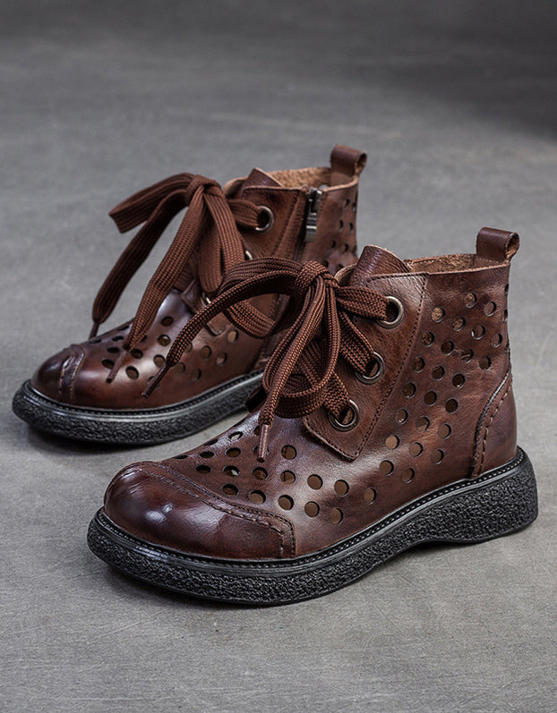 Retro Leather Hollow Wide Toe Box Ankle Boots — Obiono