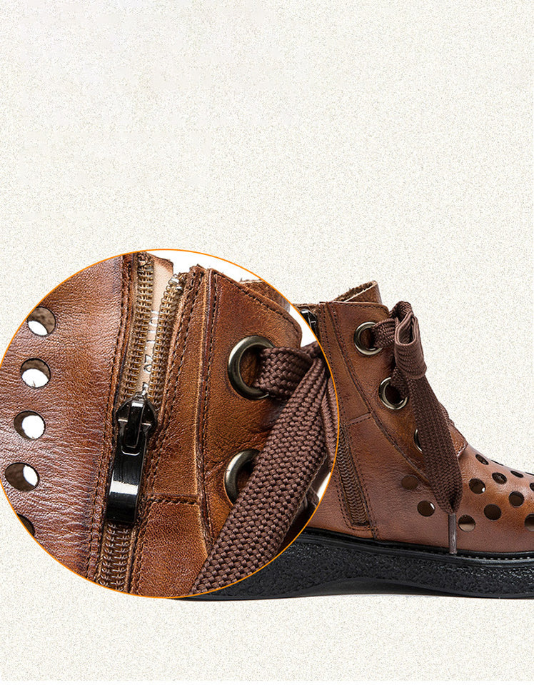 Retro Leather Hollow Wide Toe Box Ankle Boots — Obiono