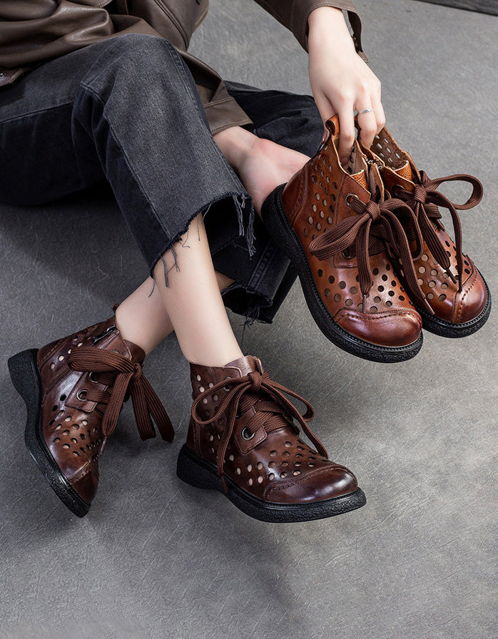 Retro Leather Hollow Wide Toe Box Ankle Boots — Obiono
