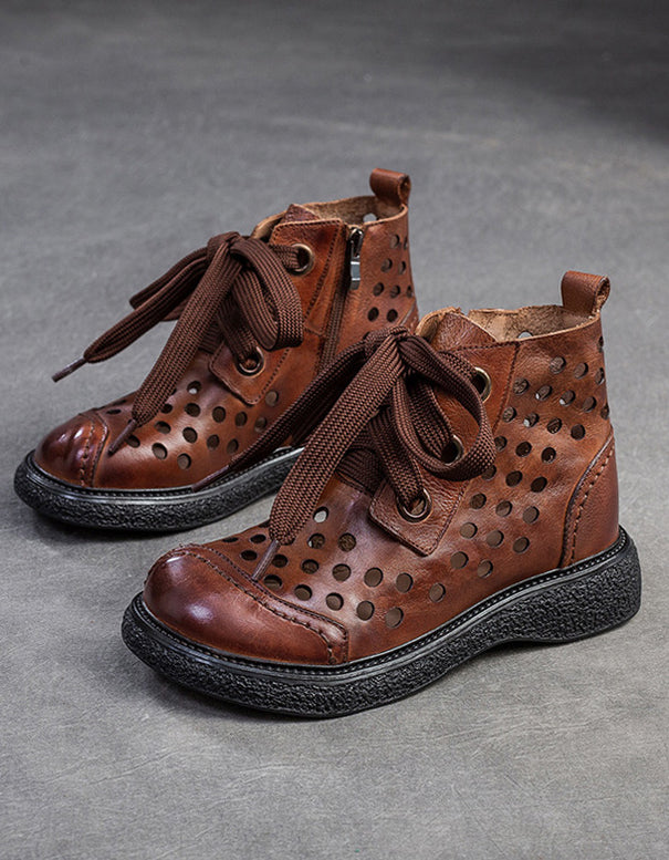 Retro Leather Hollow Wide Toe Box Ankle Boots — Obiono