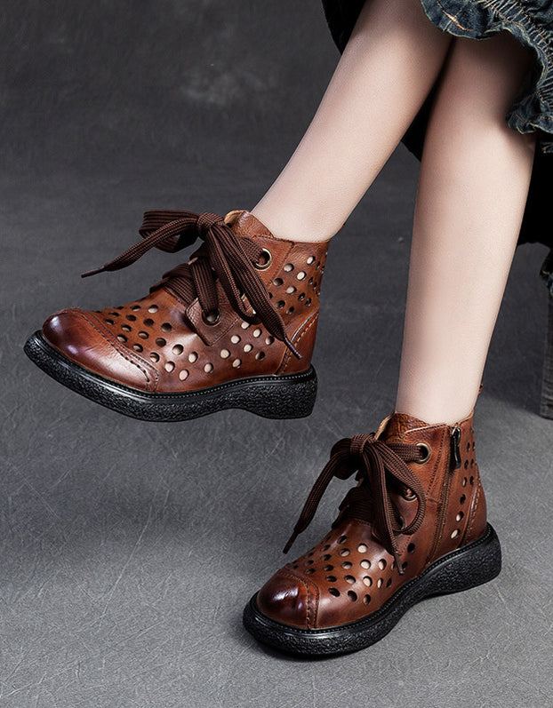 Retro Leather Hollow Wide Toe Box Ankle Boots — Obiono