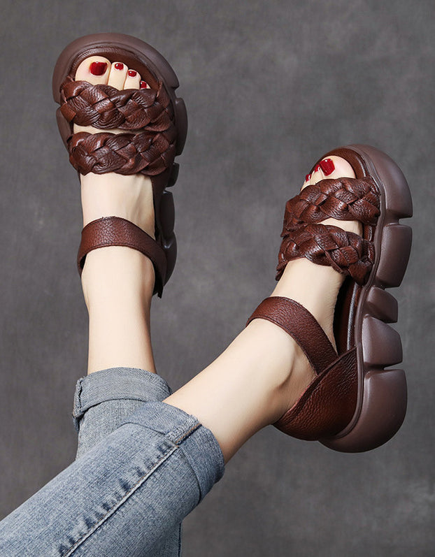 Retro Leather Braid Open Toe Platform Sandals — Obiono