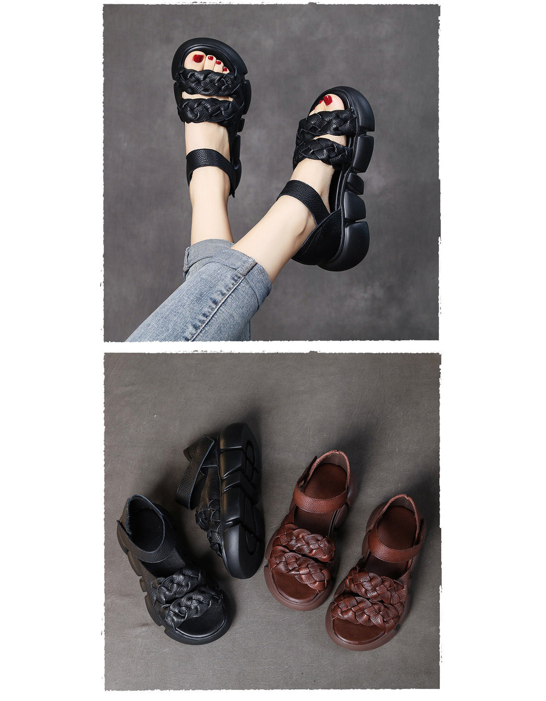 Retro Leather Braid Open Toe Platform Sandals — Obiono