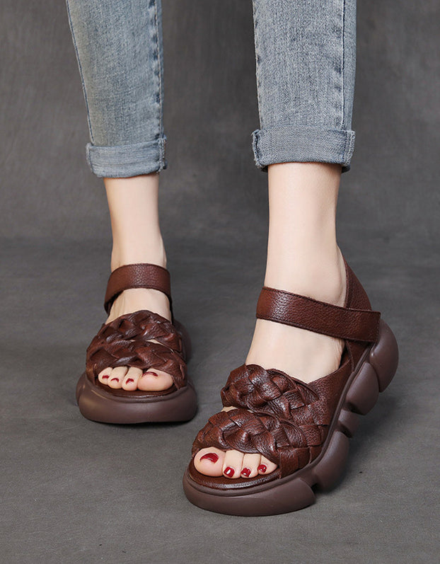 Retro Leather Braid Open Toe Platform Sandals — Obiono