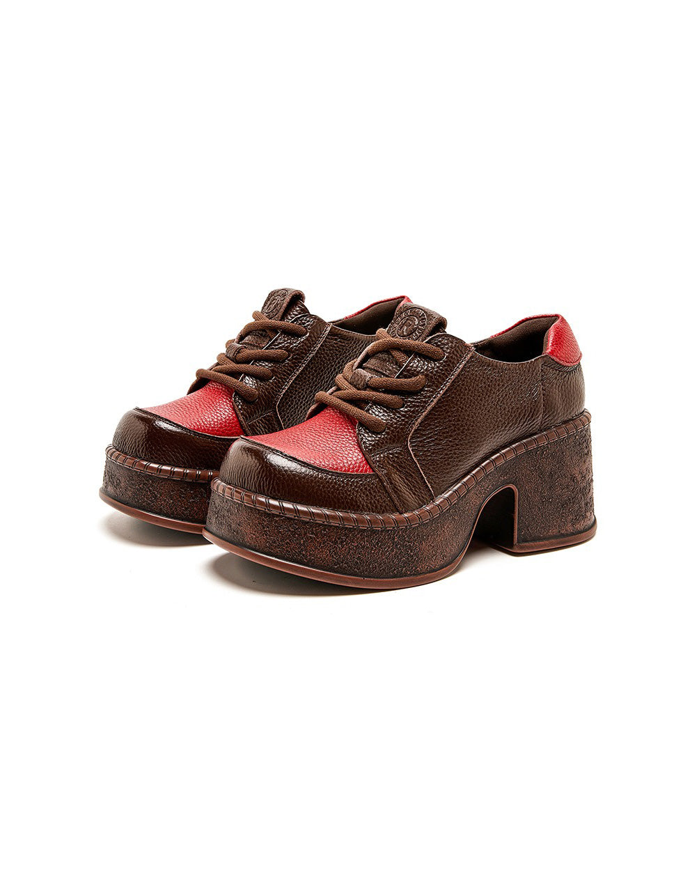 Retro Leather Two-tone Wide Toe Platform Chunky Shoes — Obiono
