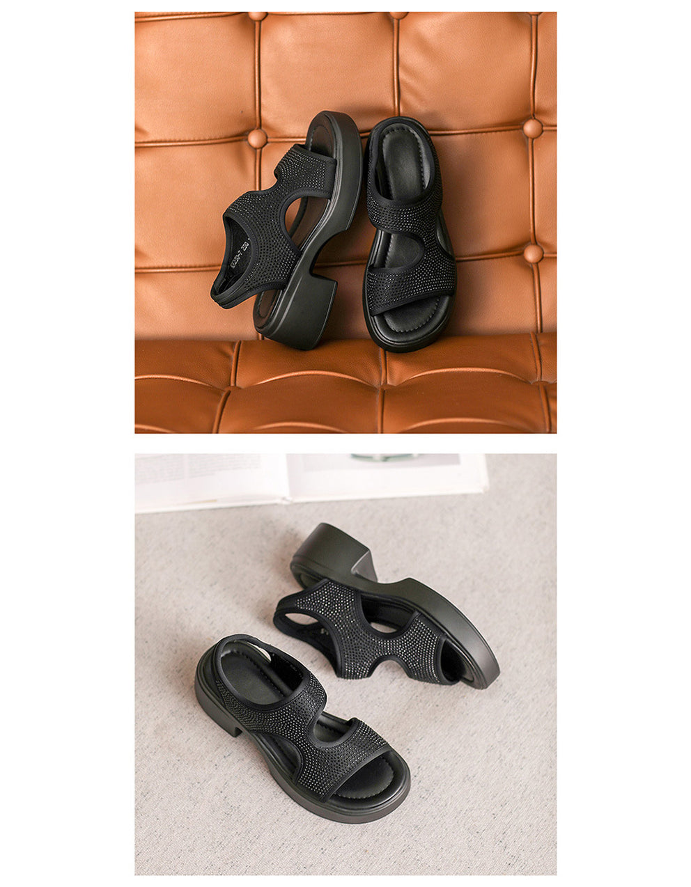 Rhinestone Chunky Heels Open Toe Holiday Sandals — Obiono