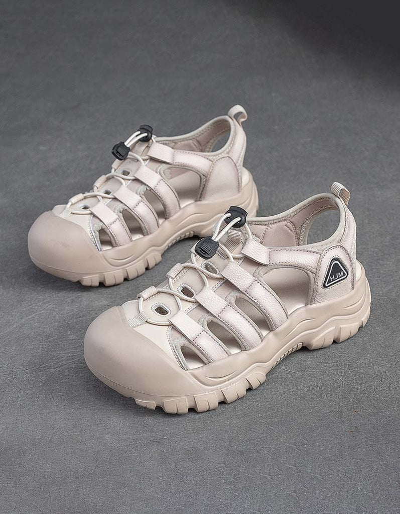 Round Toe Cut Out Leather Sneakers Sandals — Obiono