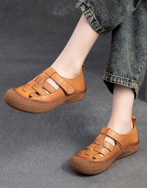 Round Toe Leather Braid Comfortable Retro Sandals — Obiono