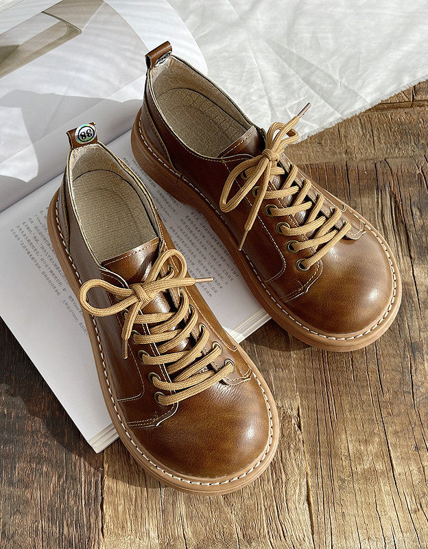 Round Toe Thick Lace Up Retro Leather Shoes — Obiono