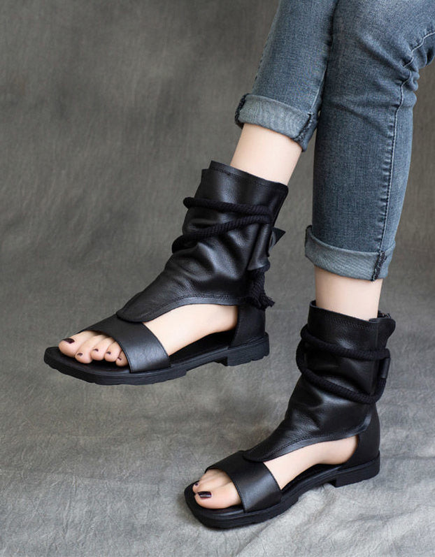 Handmade Soft Leather Open Toe Summer Flat Sandals Boots — Obiono