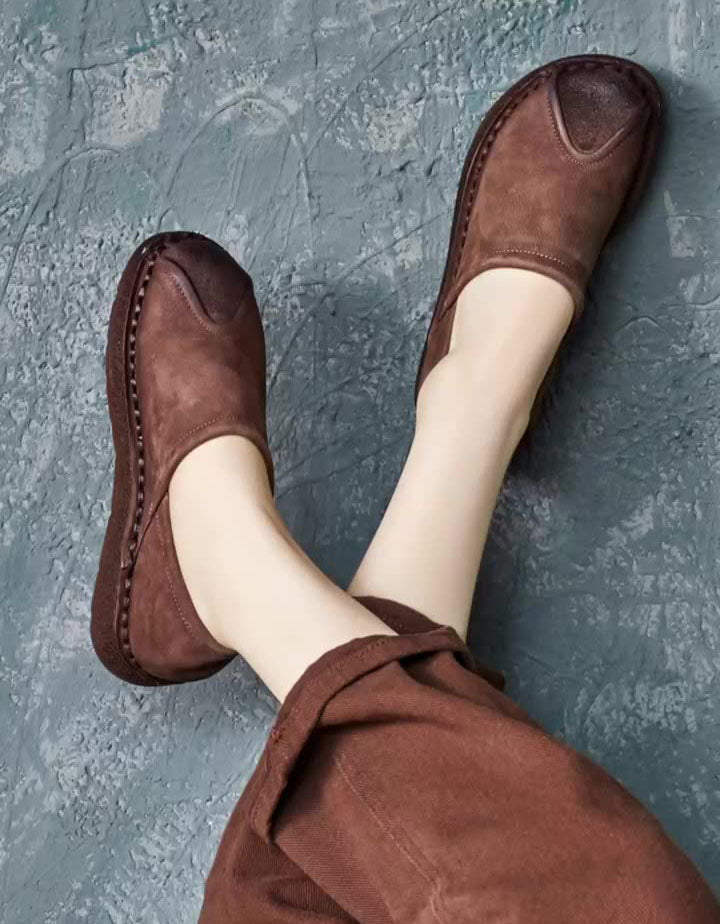 Soft Leather Round Toe Handmade Retro Flat Shoes — Obiono