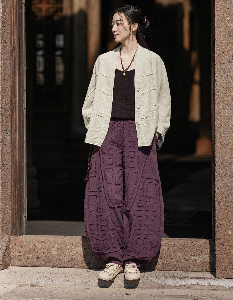 Spring Patchwork Style Raw Edge Wide Leg Linen Pants — Obiono