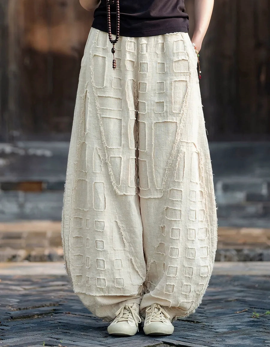 Spring Patchwork Style Raw Edge Wide Leg Linen Pants — Obiono