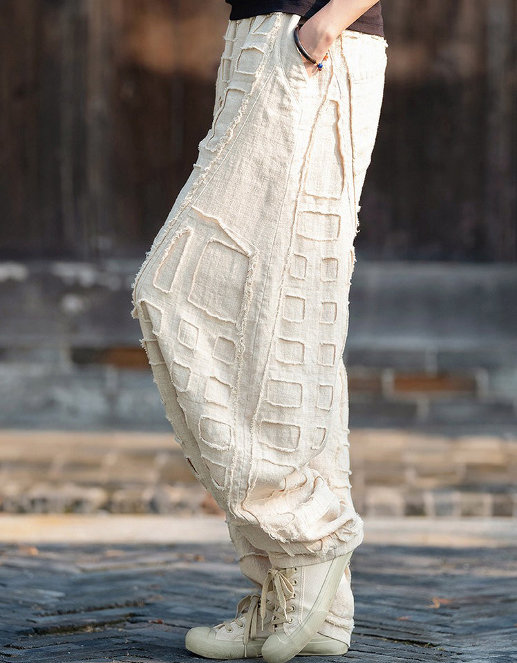 Spring Patchwork Style Raw Edge Wide Leg Linen Pants — Obiono