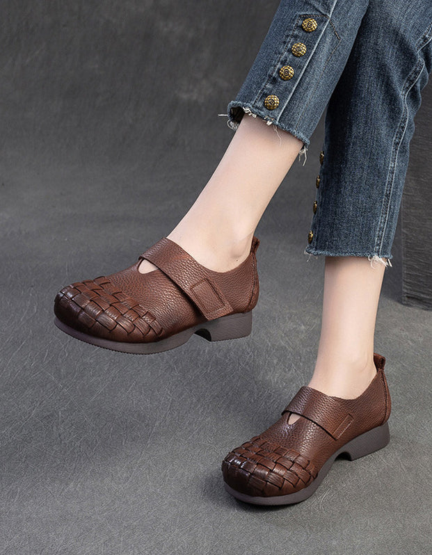 Spring Soft Leather Woven Wide Toe Box Flat Shoes — Obiono