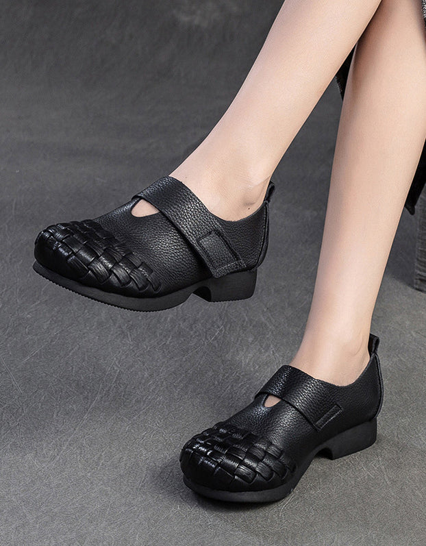 Spring Soft Leather Woven Wide Toe Box Flat Shoes — Obiono