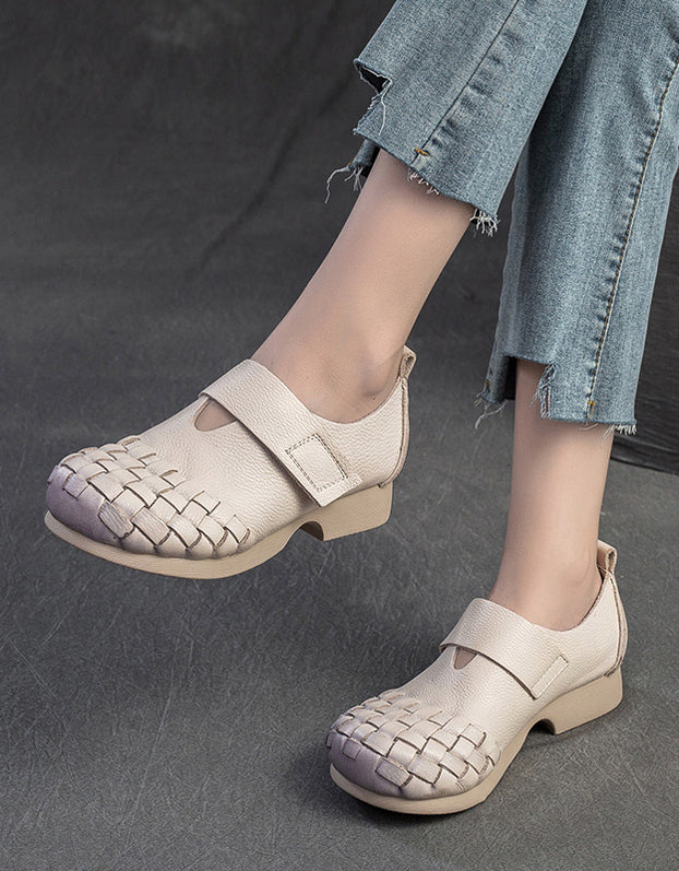 Spring Soft Leather Woven Wide Toe Box Flat Shoes — Obiono