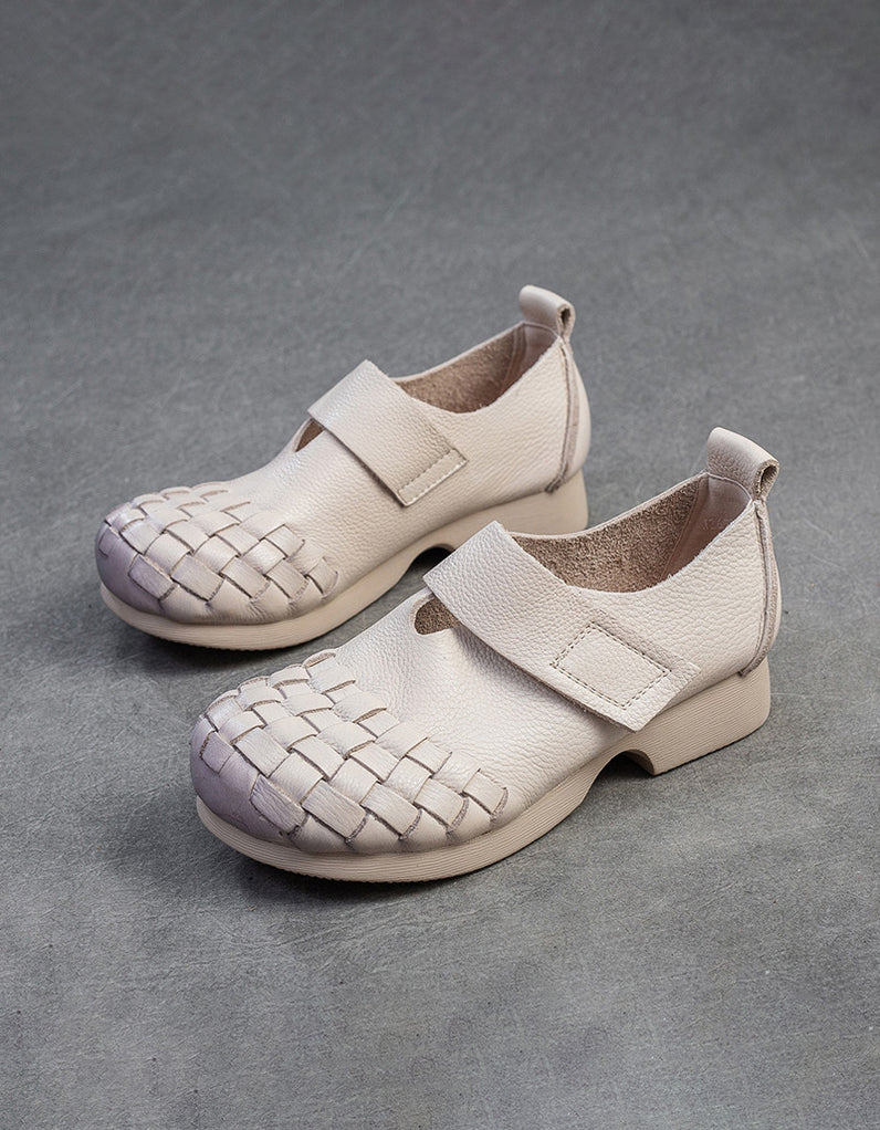 Spring Soft Leather Woven Wide Toe Box Flat Shoes — Obiono