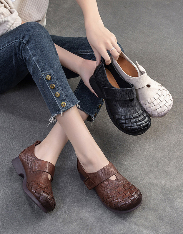 Spring Soft Leather Woven Wide Toe Box Flat Shoes — Obiono