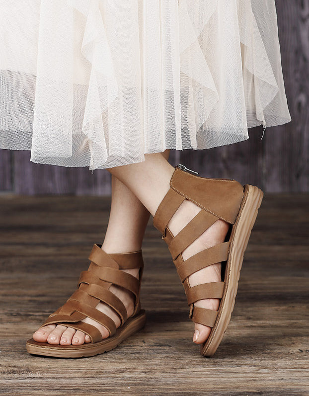 Square Toe Handmade Retro Soft Leather Strap Sandals 41 — Obiono