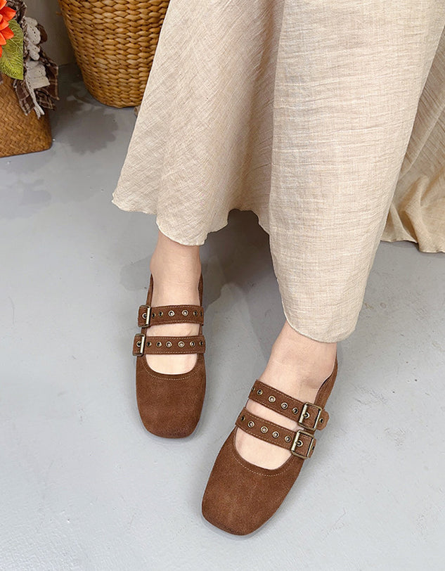 Suede Square Toe Double Buckles Mary Jane Shoes — Obiono