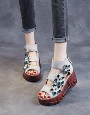 Retro Leather Flower Open Toe Platform Sandals — Obiono