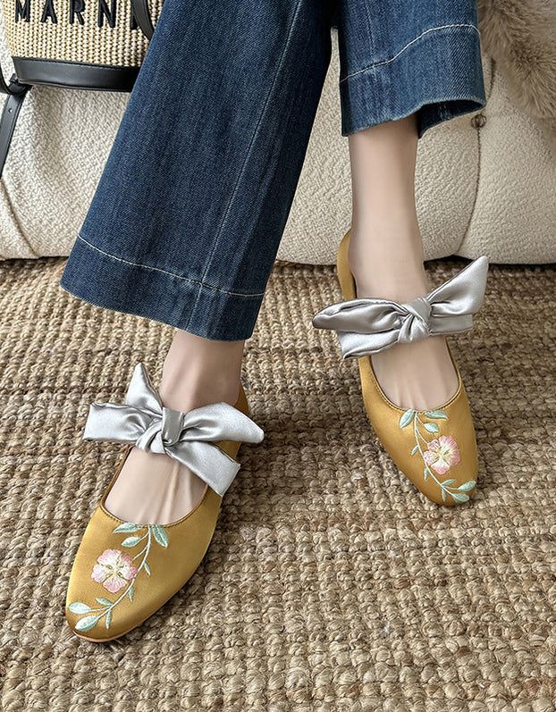 Vintage Bowknot Strap Satin Flower Embroidered Flats — Obiono