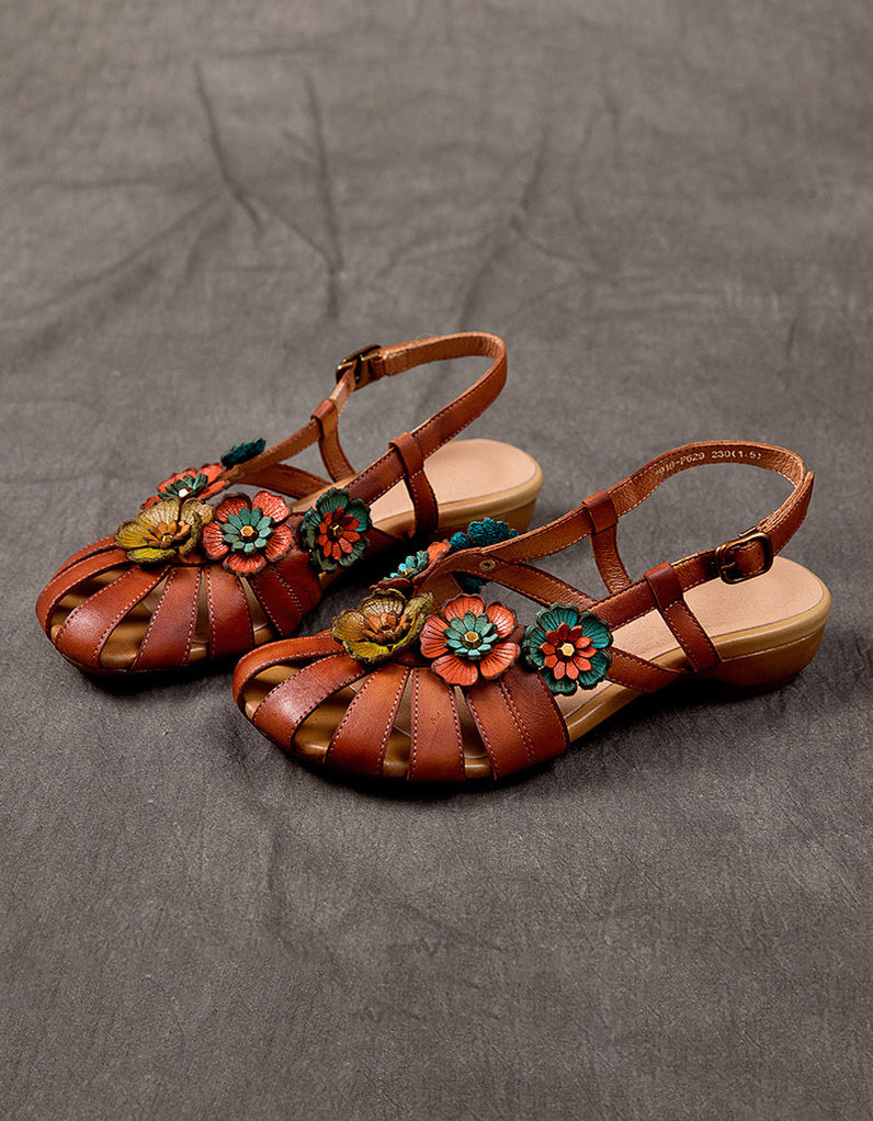 Vintage Handmade Leather Flower Sandals Slingback — Obiono