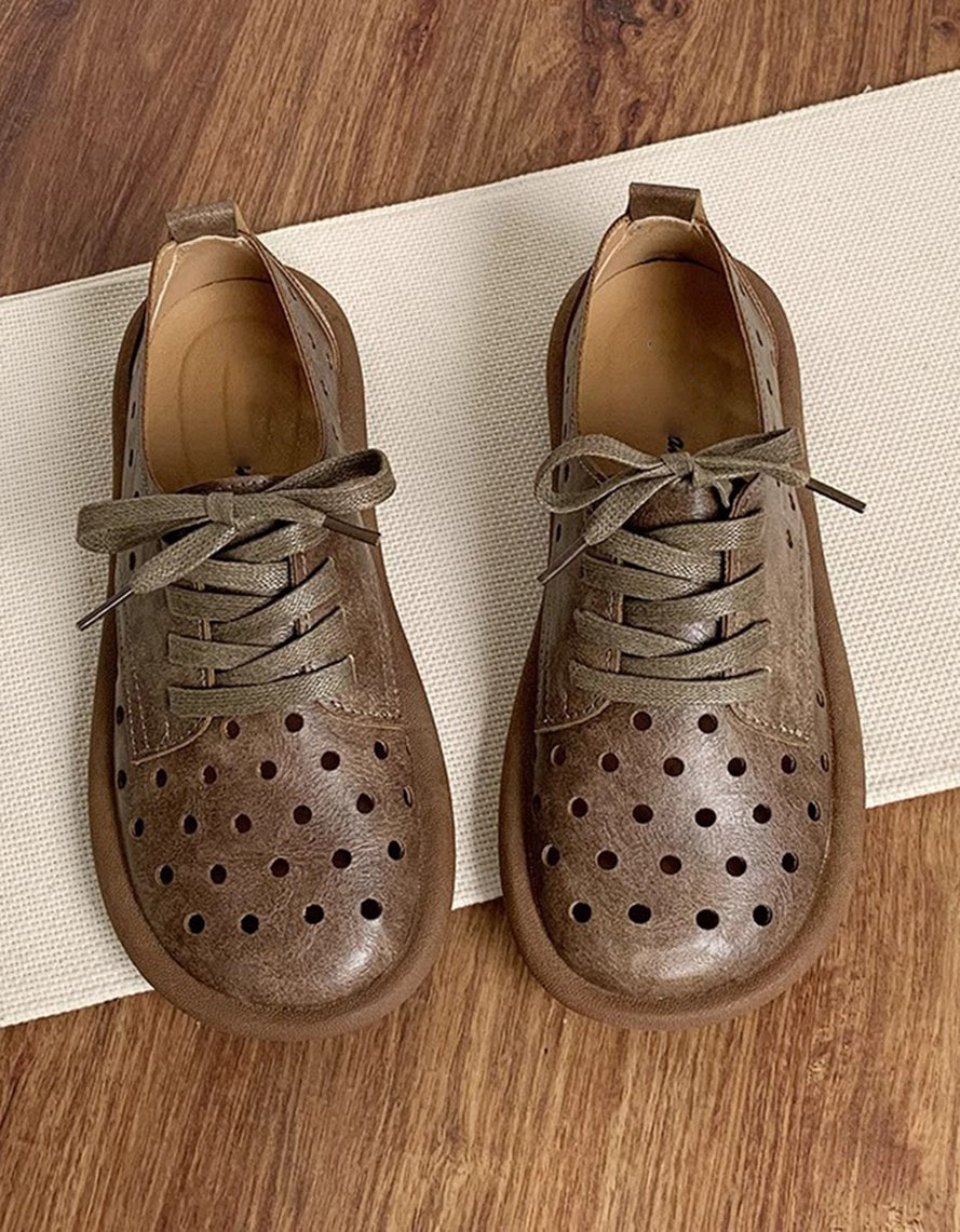 Wide Toe Box Hollow Retro Leather Flat Shoes — Obiono
