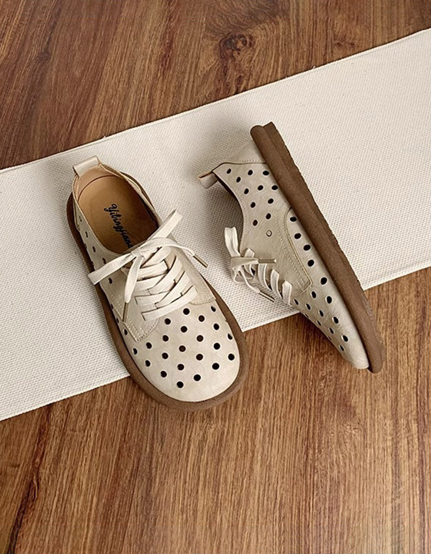 Wide Toe Box Hollow Retro Leather Flat Shoes — Obiono