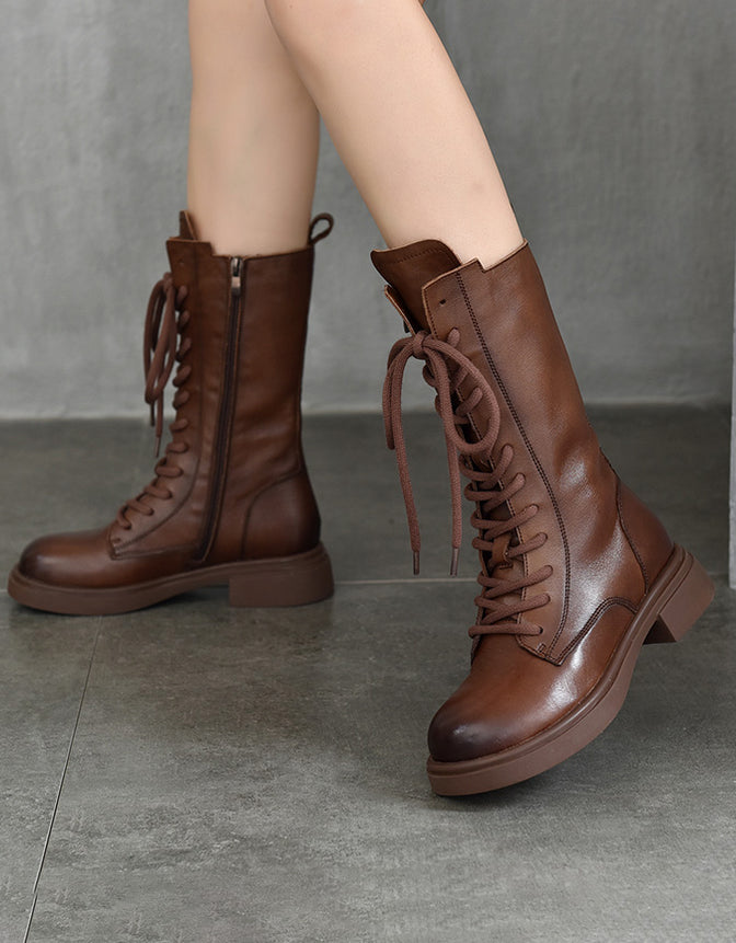 Winter Autumn Lace Up Leather Long Boots — Obiono